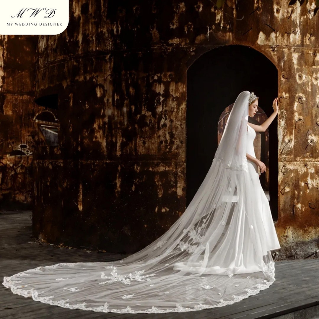 Lace Wedding Veil, Long Lace Veil, Bridal White Chapel, Ivory Chapel ...