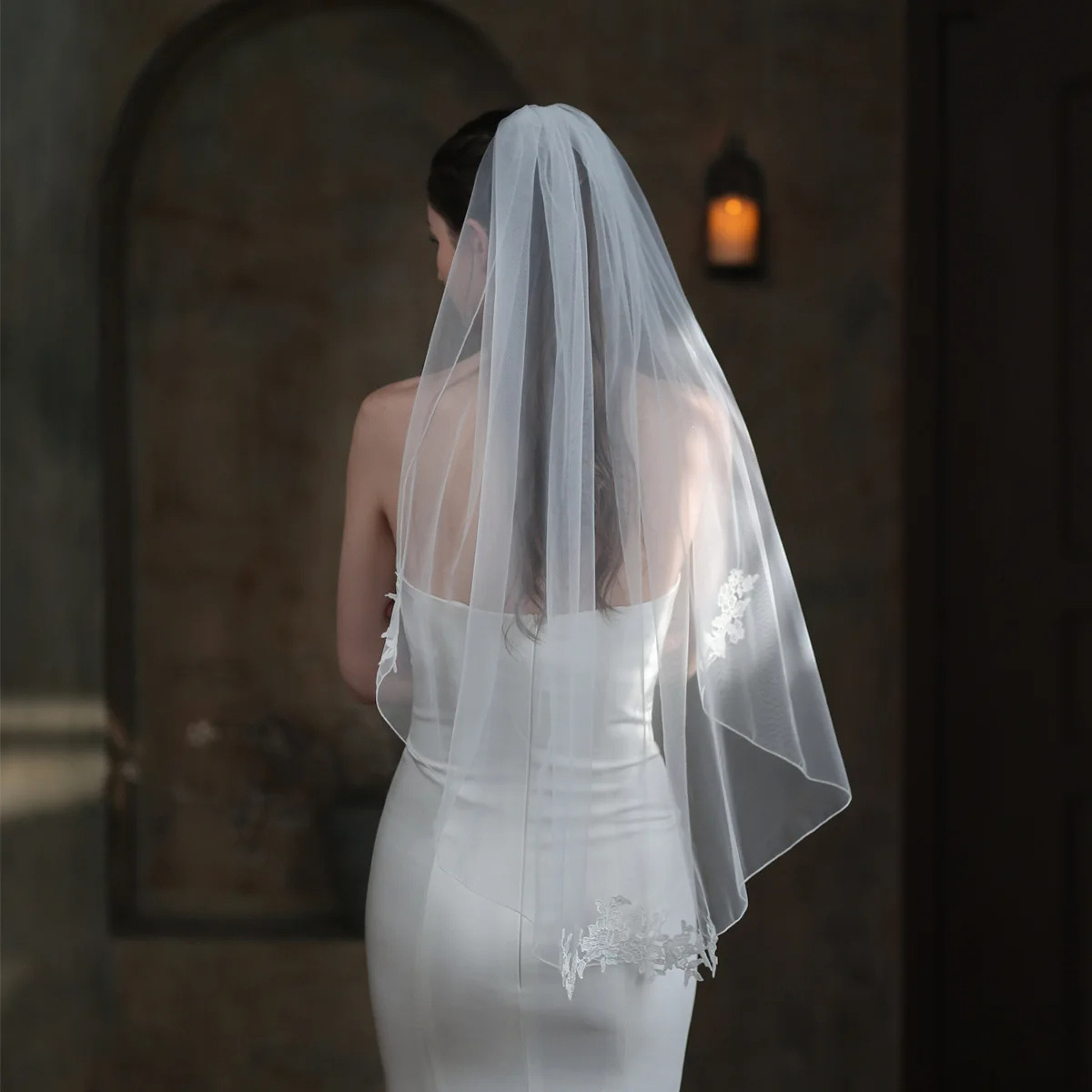 Lace Wedding Veil, Long Lace Veil, Bridal White Chapel, Ivory Chapel ...