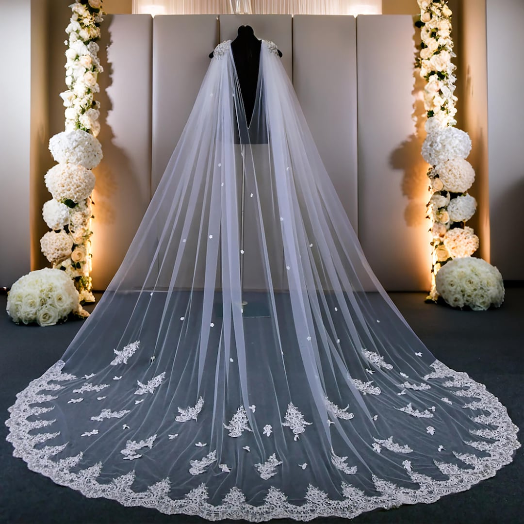 Lace Wedding Veil, Long Lace Veil, Bridal White Chapel, Ivory Chapel ...
