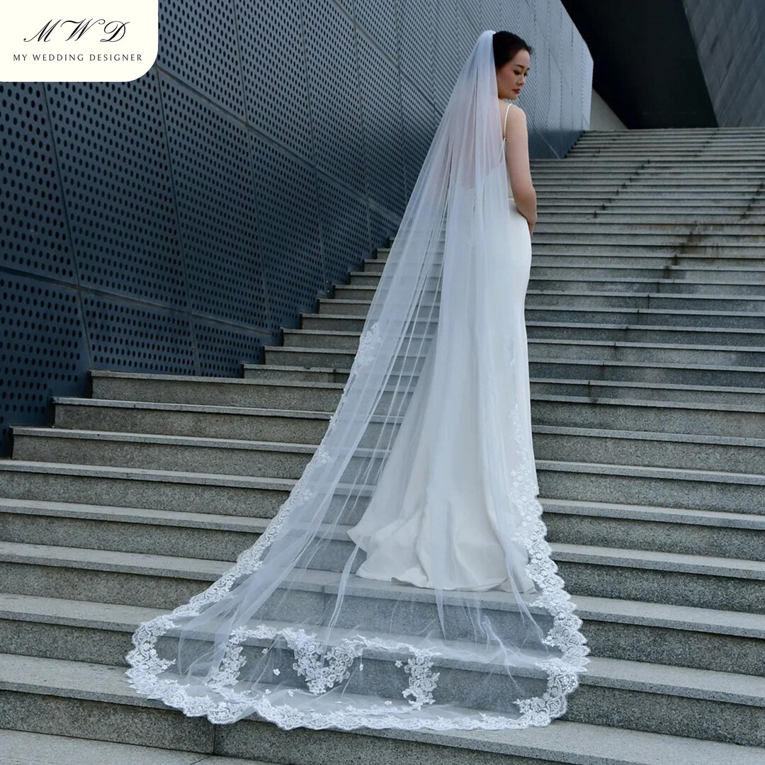 Lace Wedding Veil, Long Lace Veil, Bridal White Chapel, Ivory Chapel ...