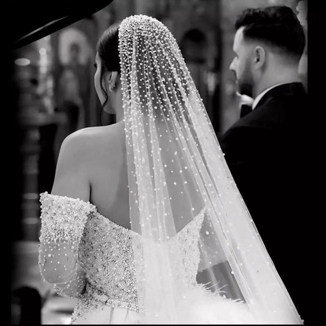 Pearl Bridal Veil, Pearl Beaded Wedding Veil, White or Ivory Cathedral ...