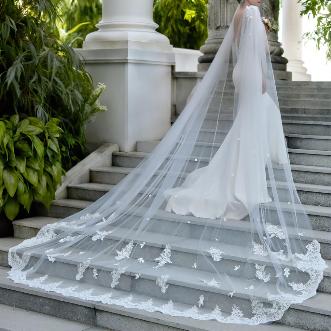 Lace Wedding Veil, Long Lace Veil, Bridal White Chapel, Ivory Chapel ...