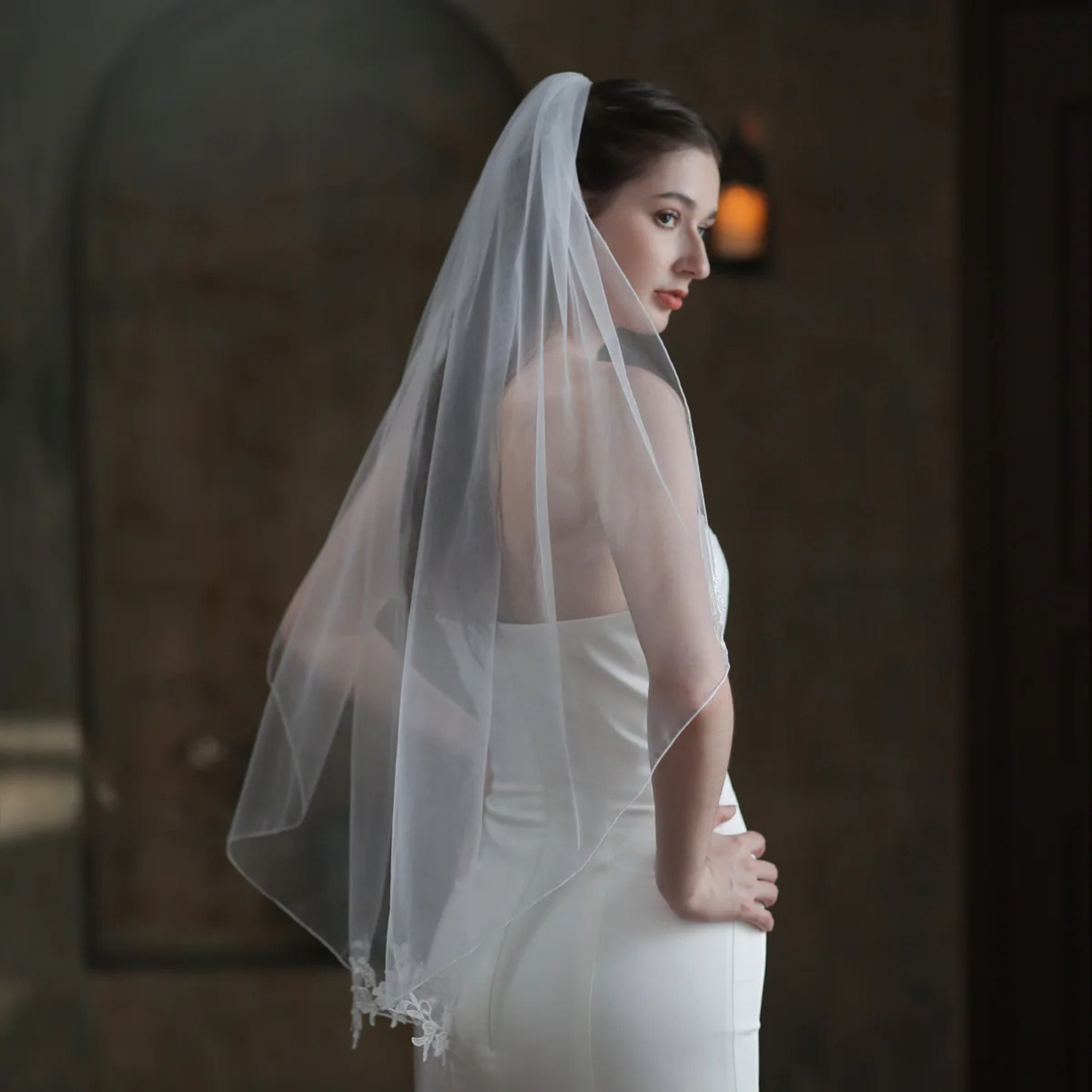 Lace Wedding Veil, Long Lace Veil, Bridal White Chapel, Ivory Chapel ...