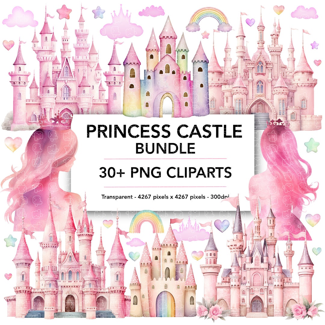Princess Castle Clipart Bundle, 30 Watercolor Princess PNG, Princess ...