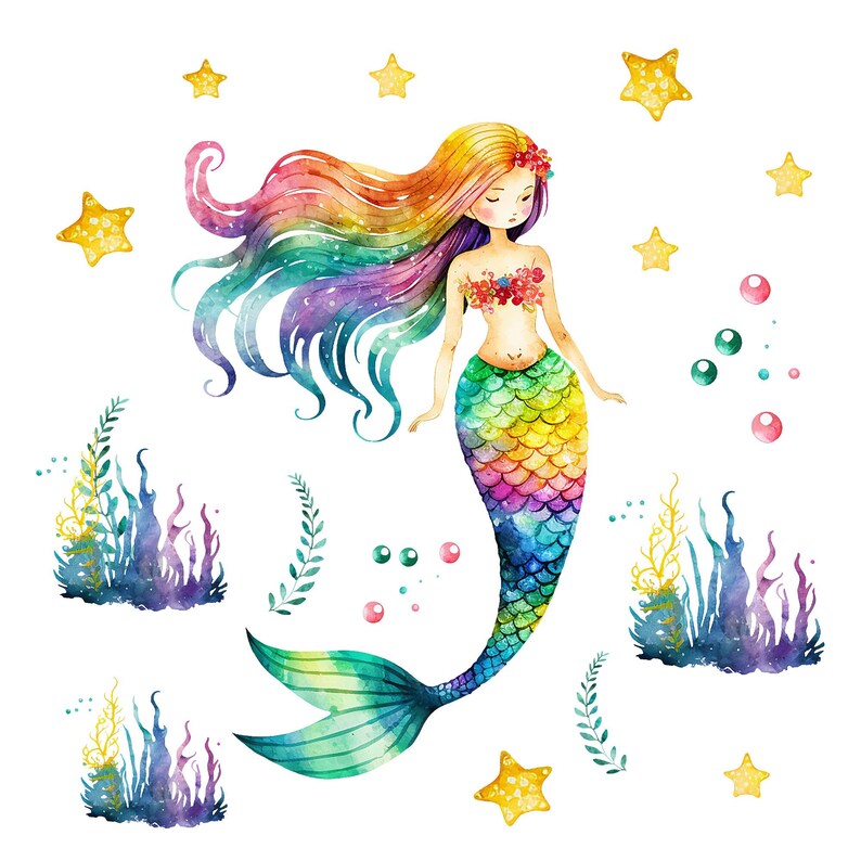 Rainbow Haired Watercolour Mermaid Clipart Beautiful Mermaid - Etsy