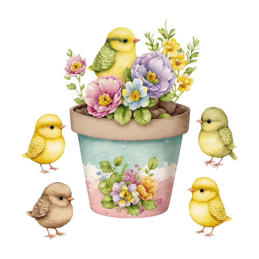 Cute Spring Decorative Flower Pot Birds Baby Chick Family Clipart ...