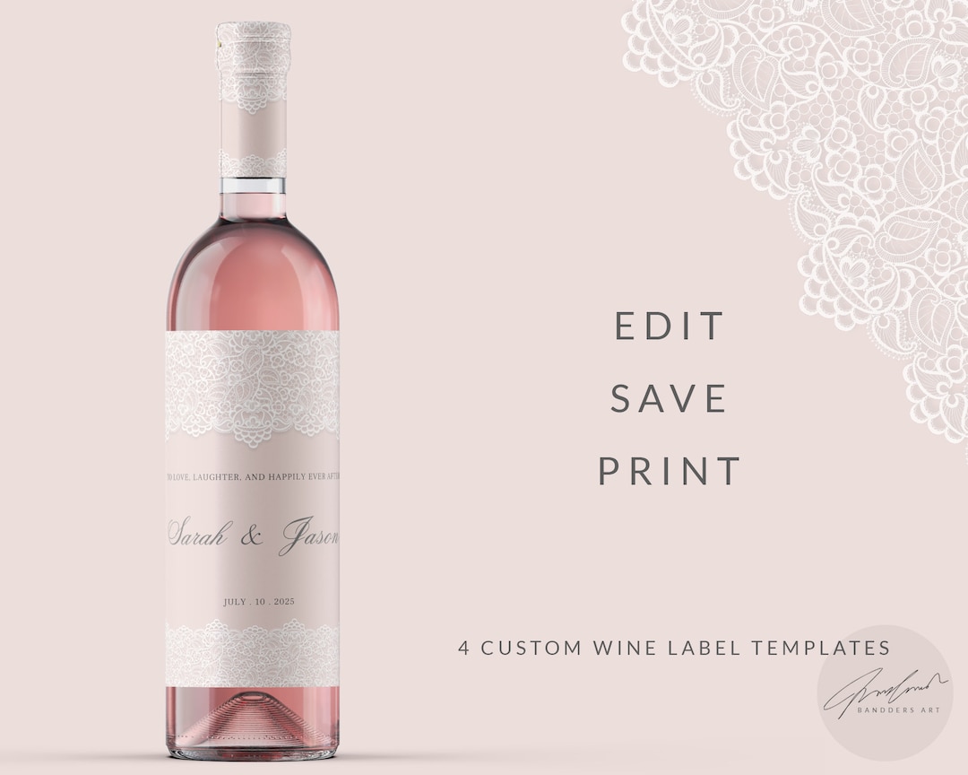 Pink Lace Printable Wine Bottle Labels, Elegant Printable Stickers ...