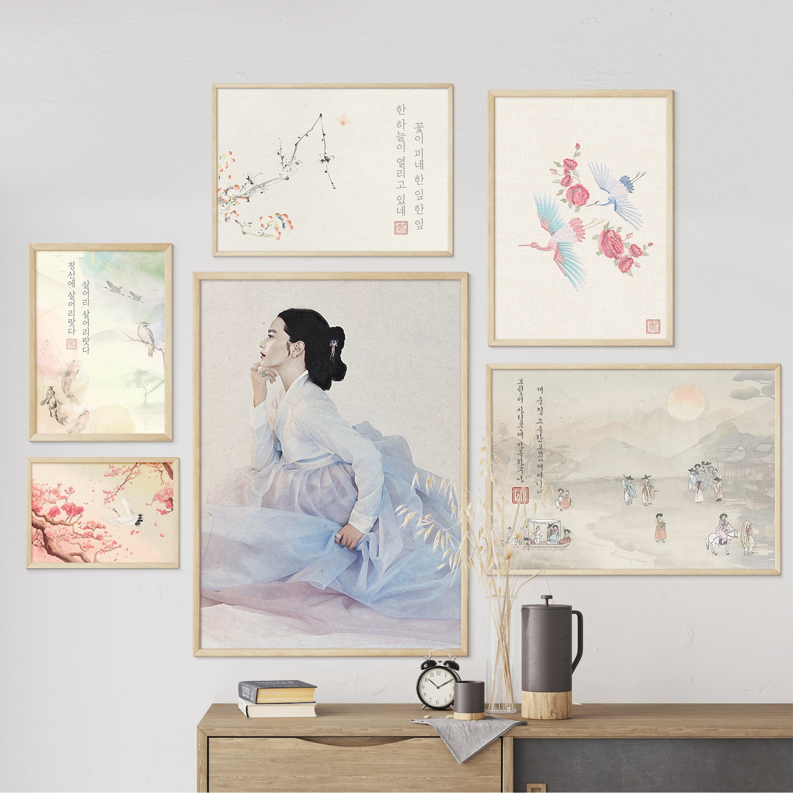 Korean Wall Art Set, Hanbok, Korean Art, Zen Wall Art, Cottagecore ...