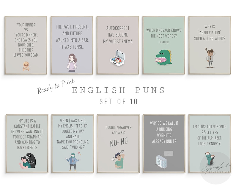 Funny English Pun Poster Set, English Teacher Gift, Boho Classroom ...