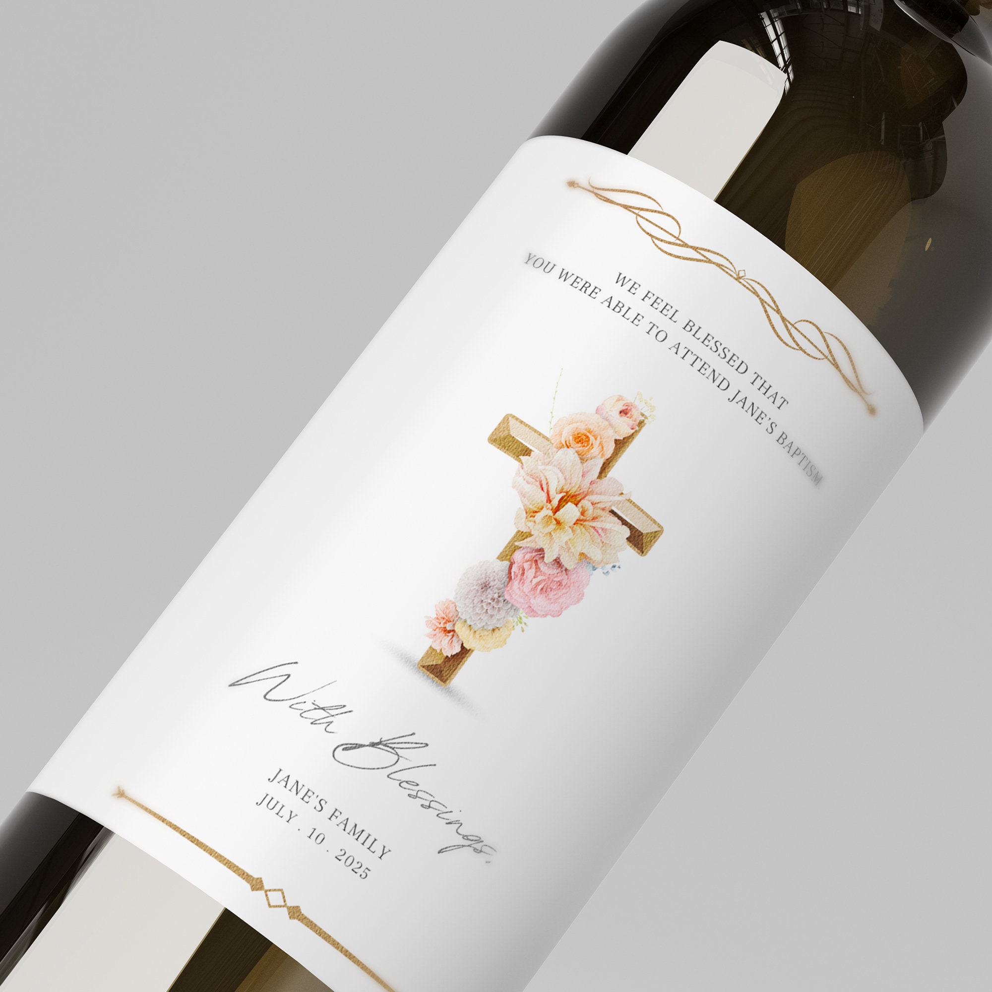Baptism Favors Printable Wine Bottle Labels, Cross and Flower Printable ...