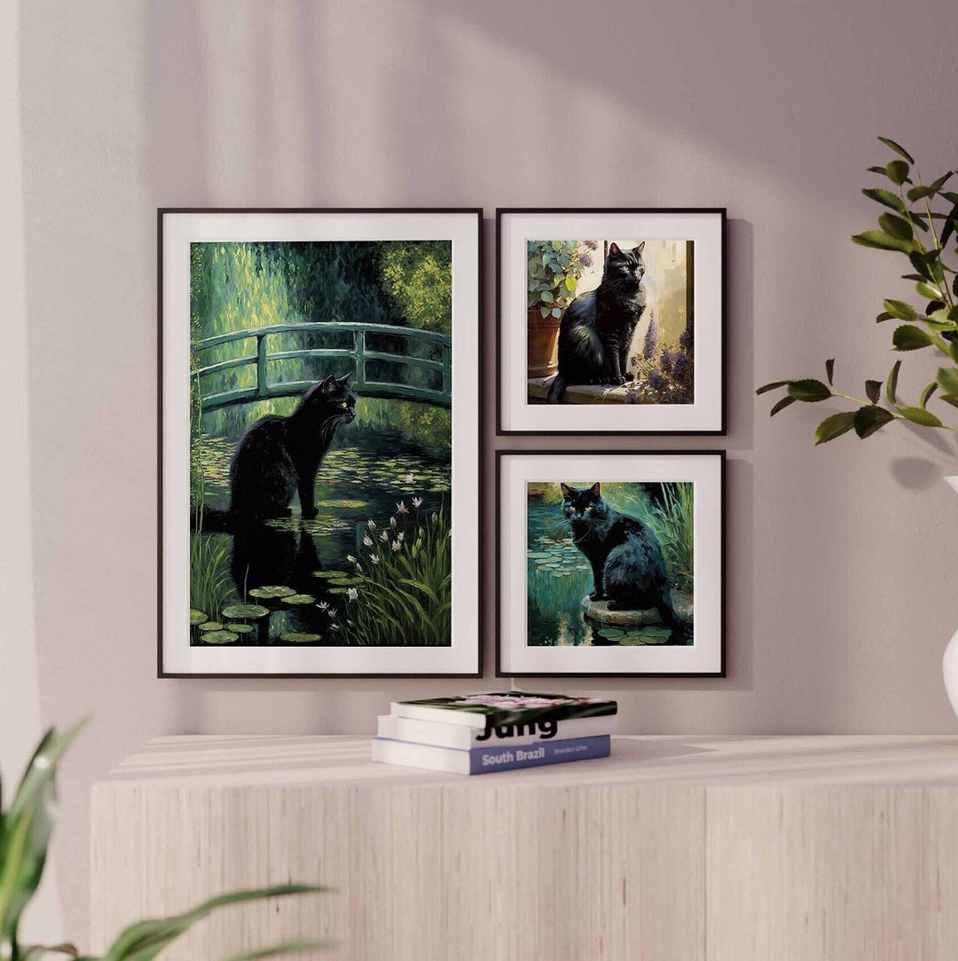 Monet Waterlily Cat Eclectic Gallery Wall Prints Set of 3, Claude Monet ...