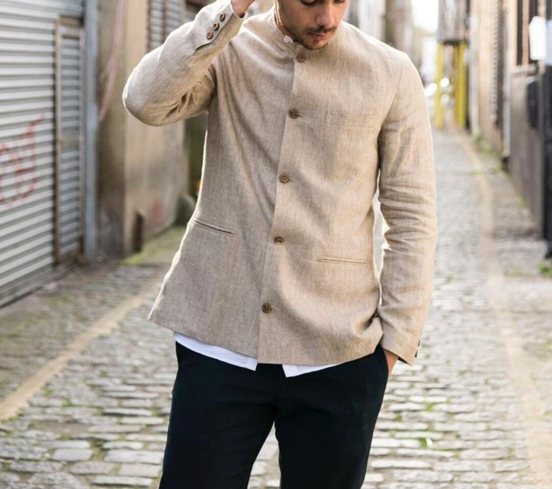 Men's Pure Linen Beige Formal Jacket for Groom's Wedding Party Coat ...