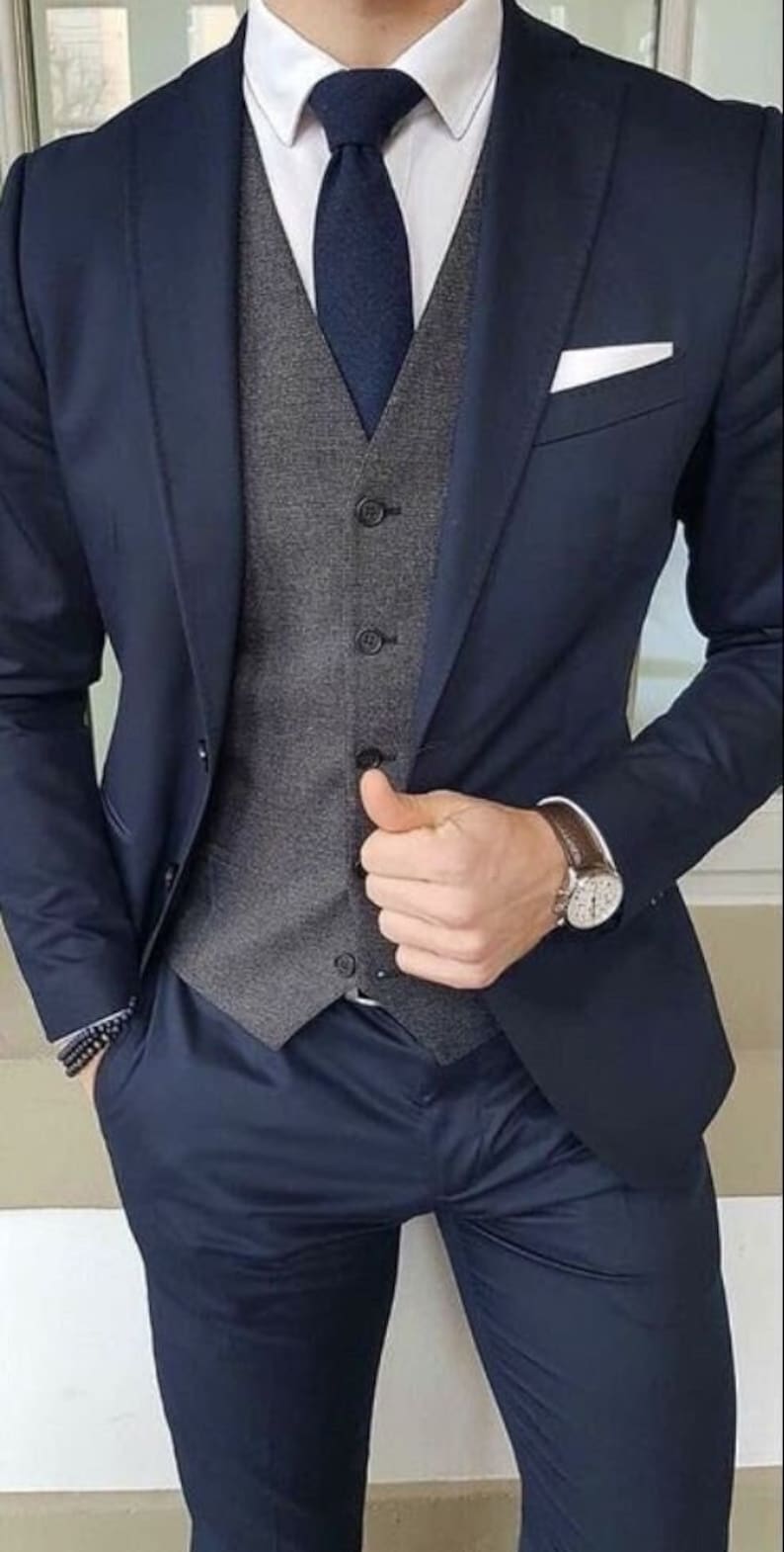 Men's Blue 3 Piece Suit With Grey Vest Classic Notch Lapel Slim Fit ...