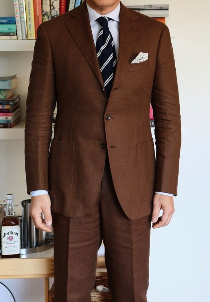 Men's Retro Brown Single Breasted Peak Lapel Pure Linen Suit 2 Piece ...