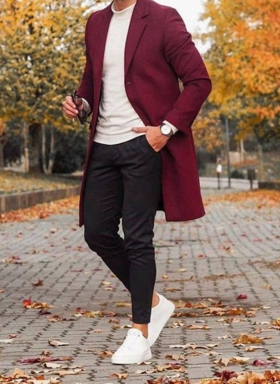 Men s Maroon Overcoat Woolen Knee Length Long Coat Casual Long Coat Trench Coat Winters Wear Coat For Men