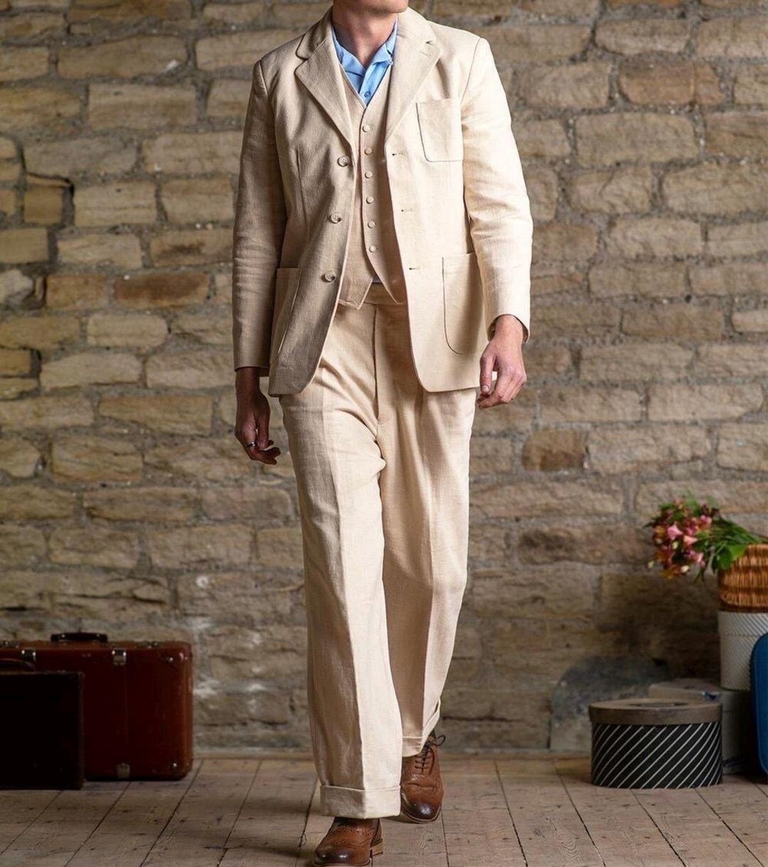 Men's Pure Cream Linen 3 Piece Suits With Three Pocket Wedding Vintage ...