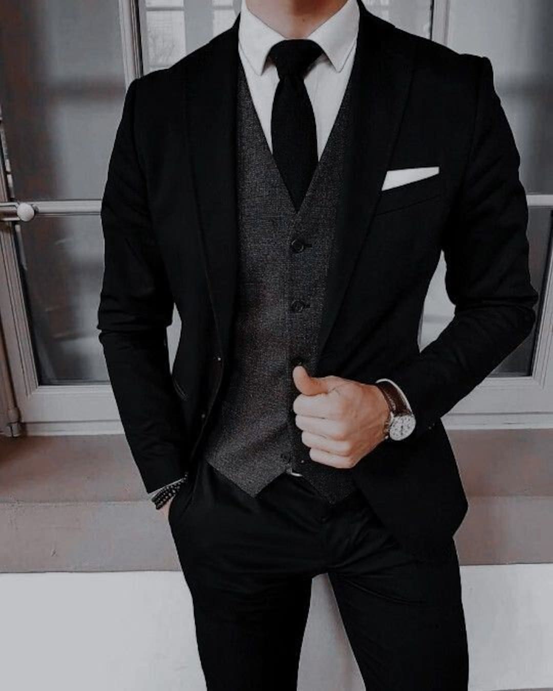 Men's Black 3 Piece Suit With Grey Vest Classic Notch Lapel Slim Fit ...