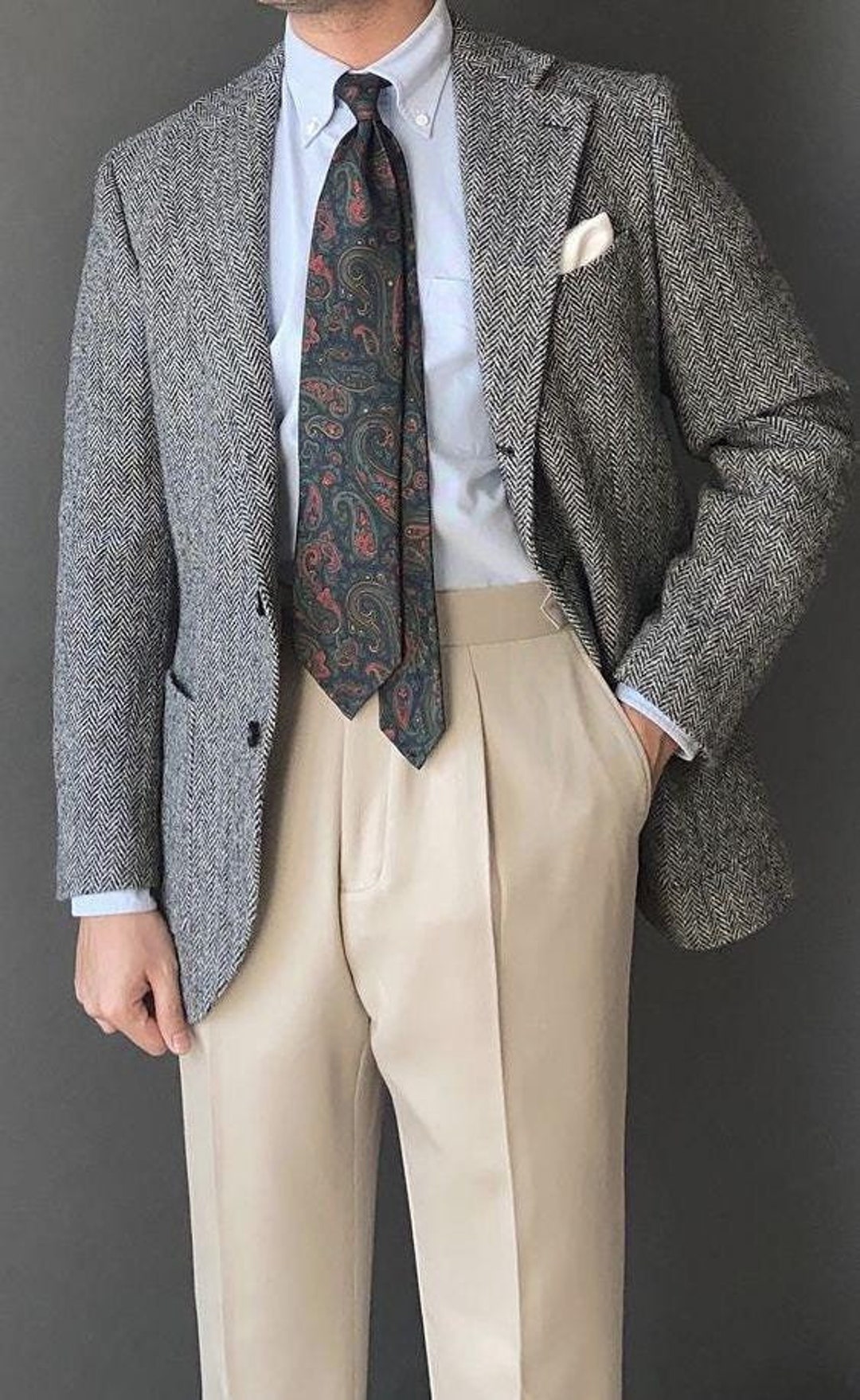 Men's Grey Texture Herringbone Vintage Single Breasted Blazer Regular ...
