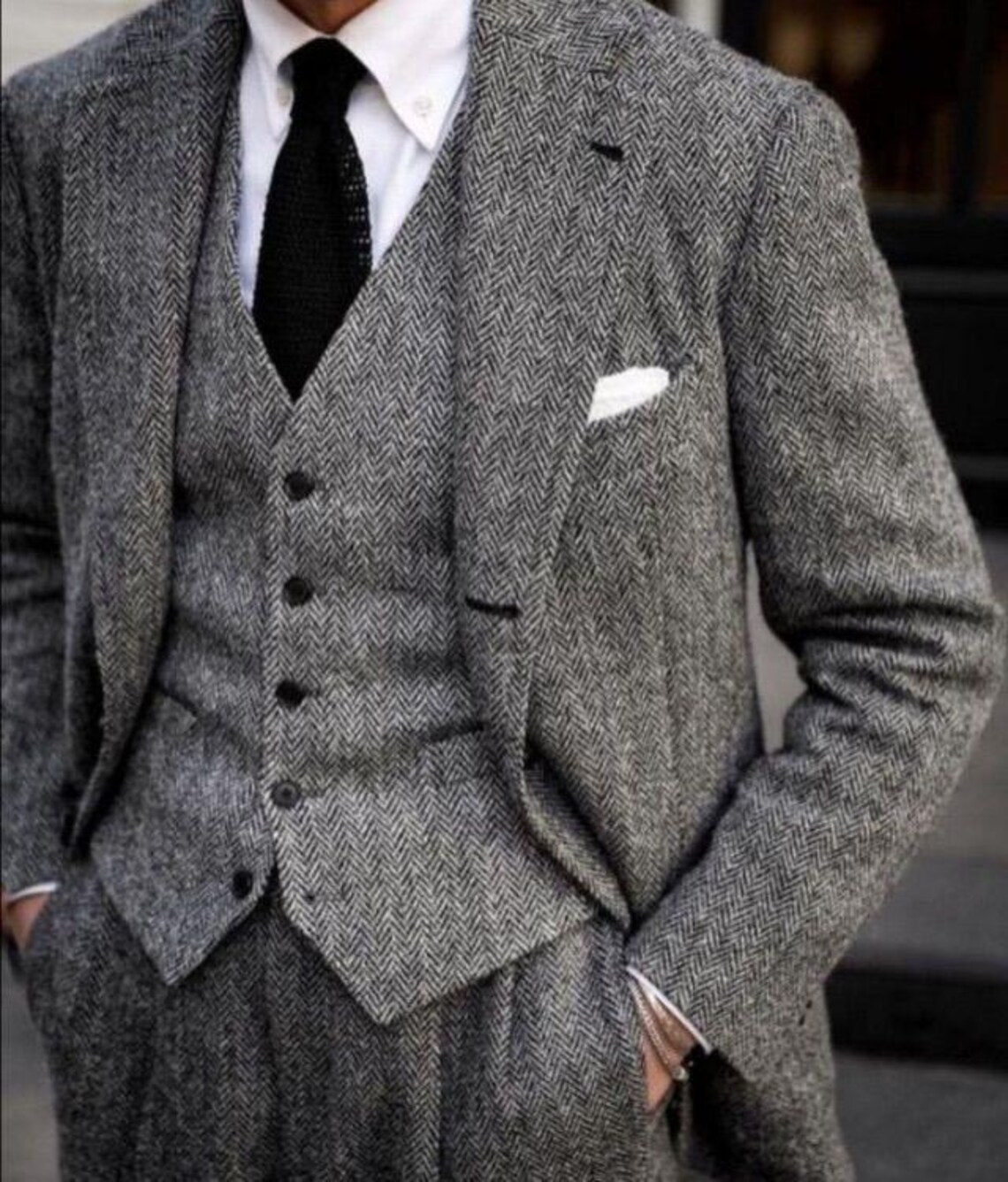 Men's 1940's Vintage Grey Herringbone 3 Piece Suits Regular Fit ...