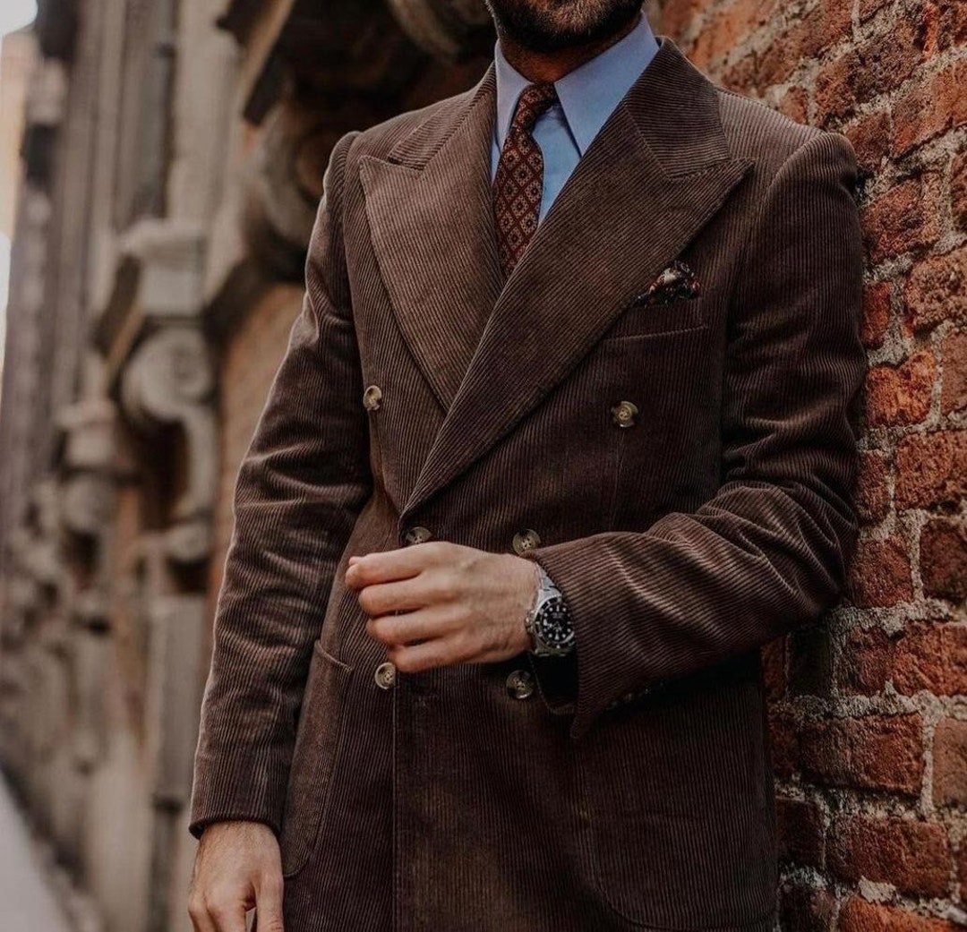 Men's Dark Brown Corduroy Double Breasted Peak Lapel Style Blazer ...