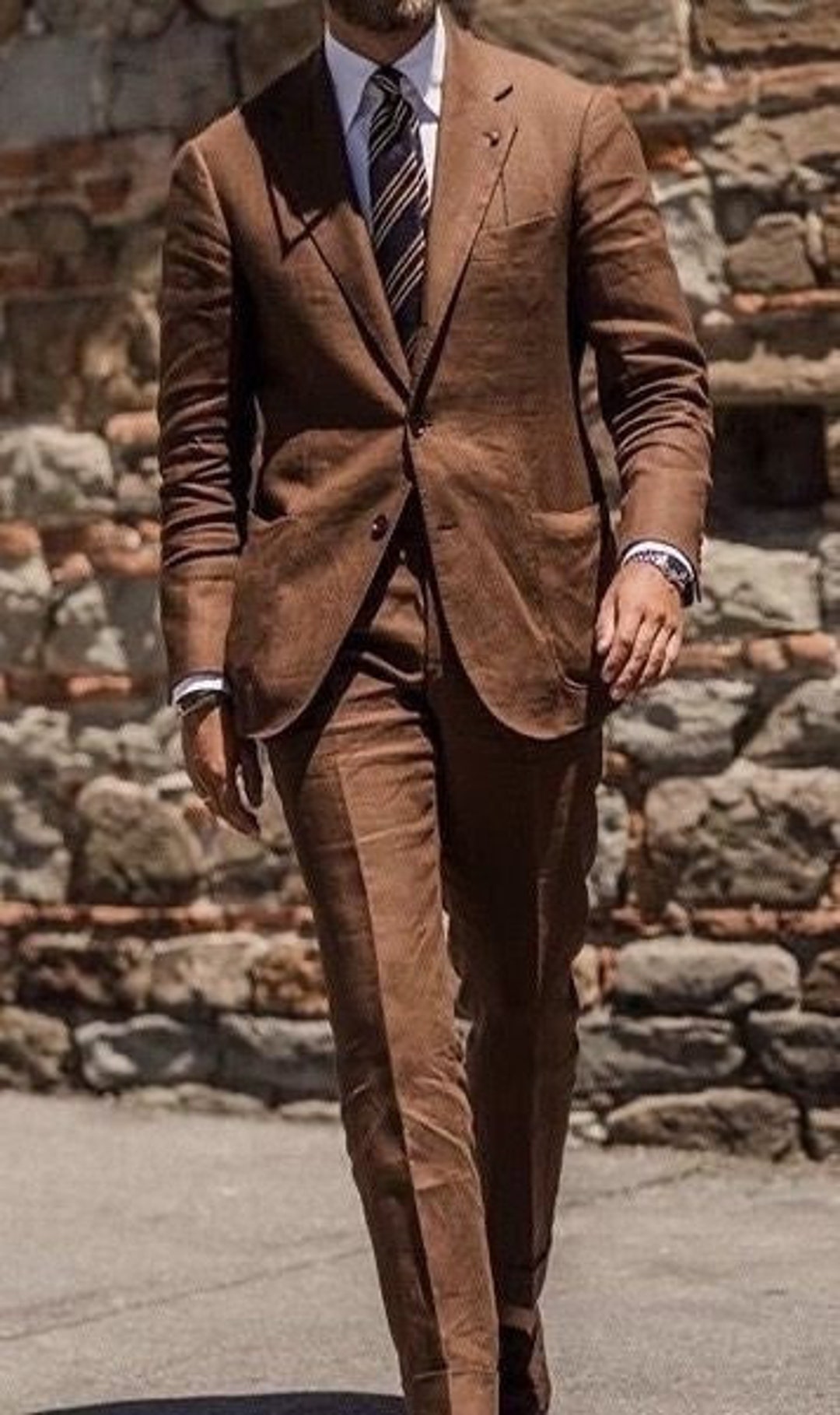 Men's Brown Linen 2 Piece Suit Business Wear Office Wear Linen Suit for ...