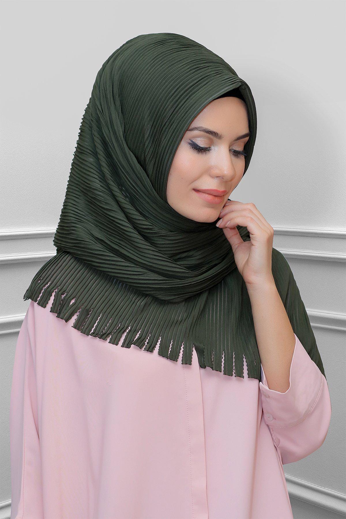 Elegant Tie-back Pleated Hijab Scarf, Laser-cut Design With Fringe in ...