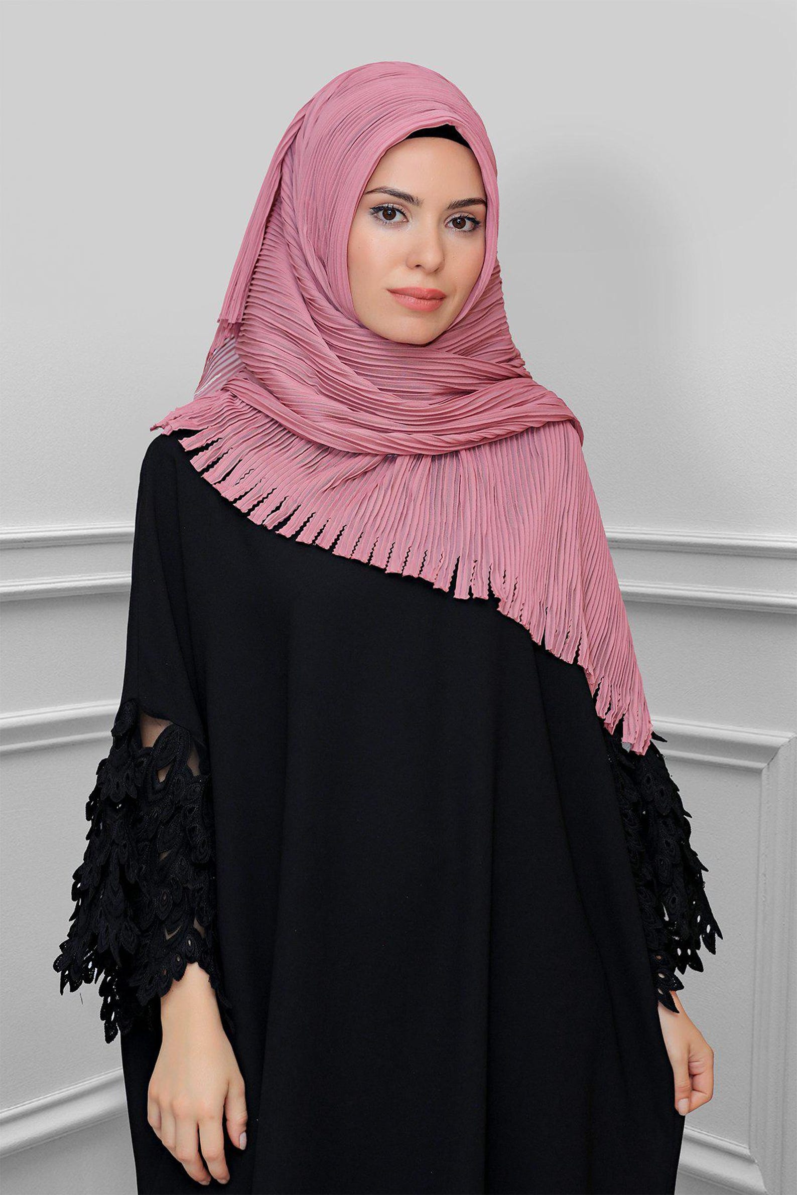 Elegant Tie-back Pleated Hijab Scarf, Laser-cut Design With Fringe in ...