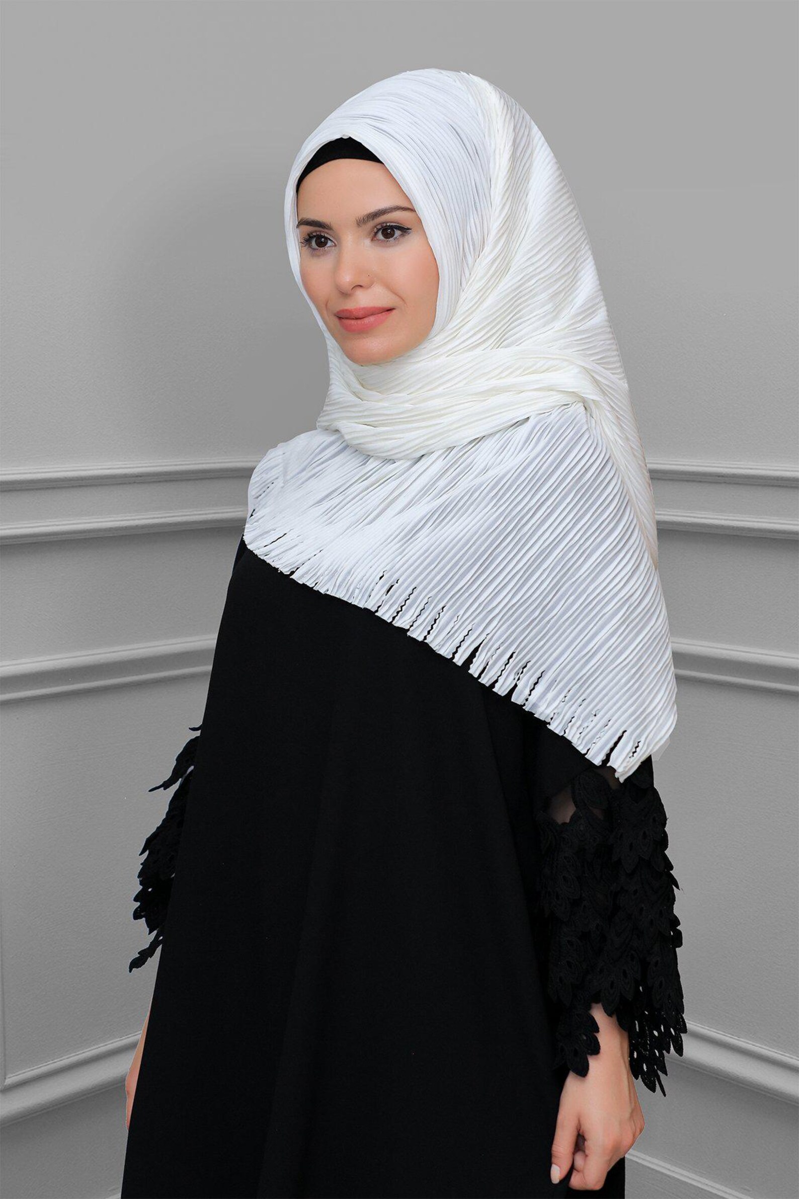 Elegant Tie-back Pleated Hijab Scarf, Laser-cut Design With Fringe in ...