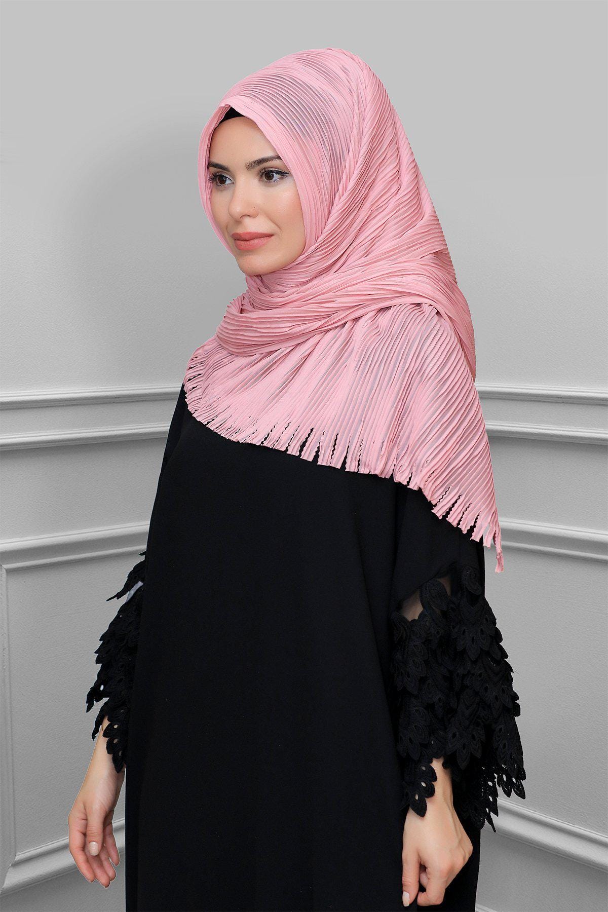 Elegant Tie-back Pleated Hijab Scarf, Laser-cut Design With Fringe in ...