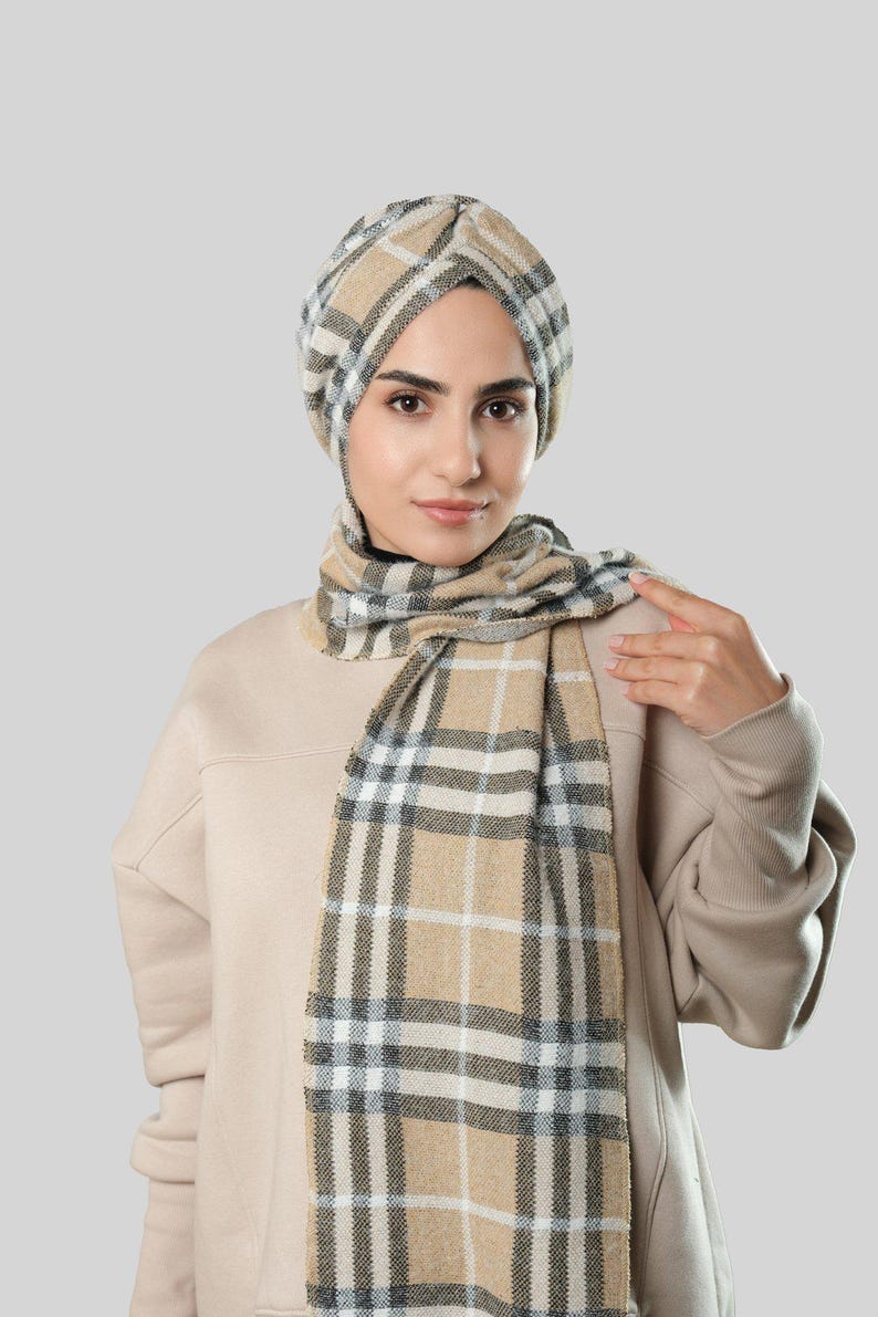 Winter Hijab Scarf With Attached Wrap | Jakar Plaid Headscarf in Grey ...