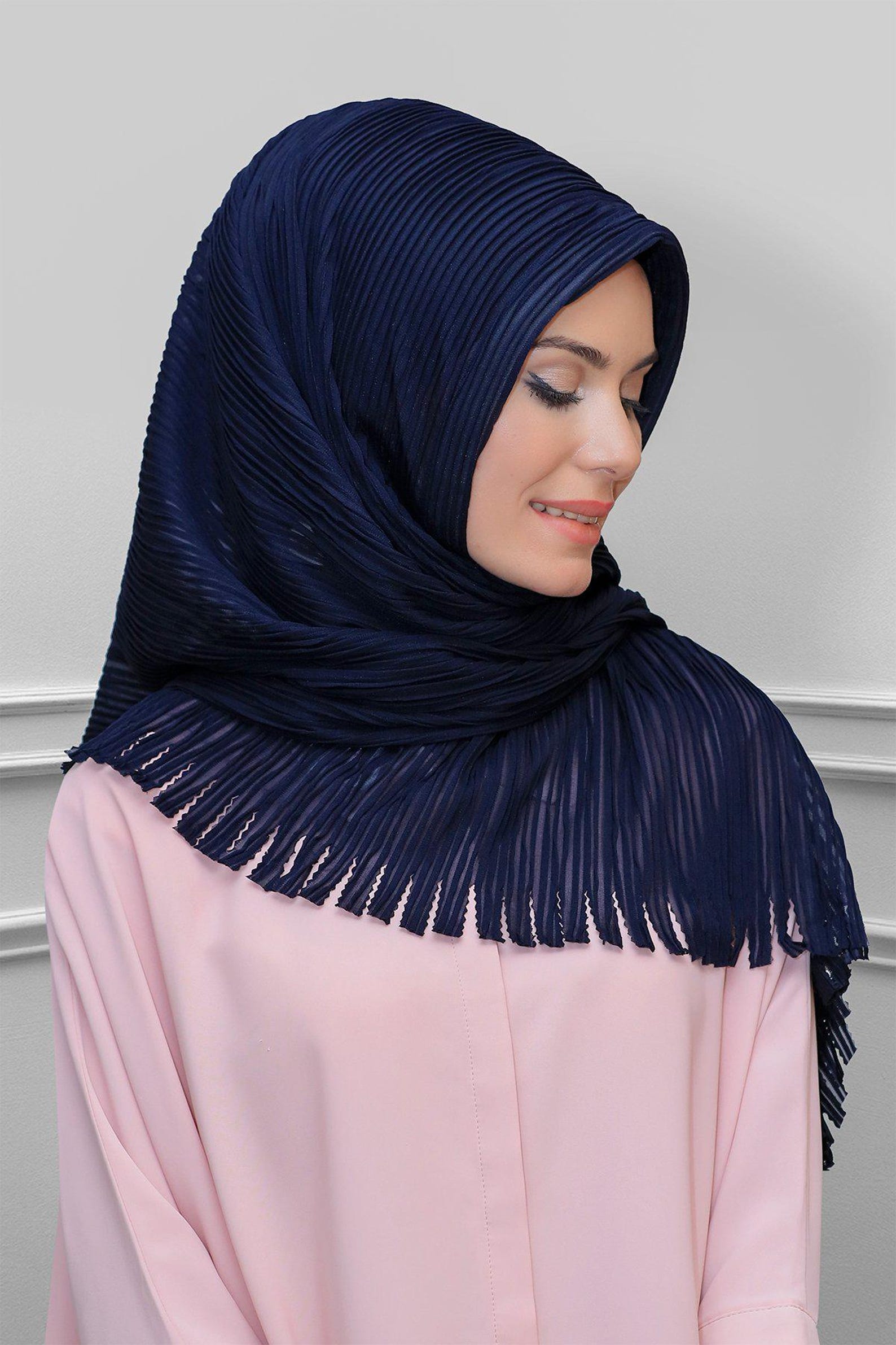 Elegant Tie-back Pleated Hijab Scarf, Laser-cut Design With Fringe in ...