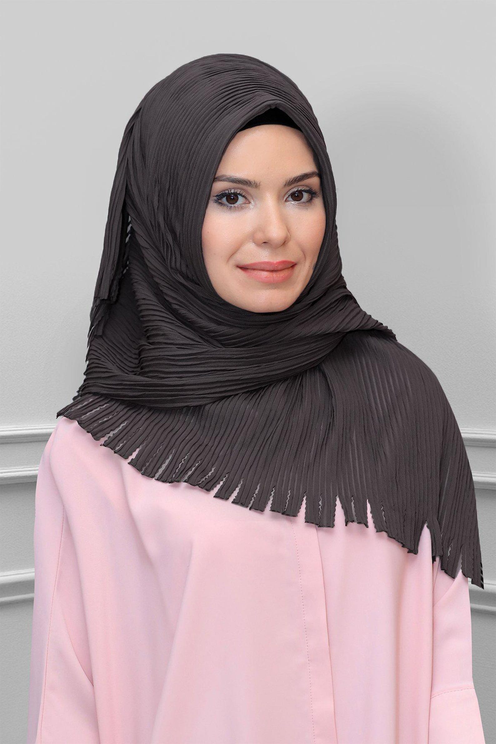 Elegant Tie-back Pleated Hijab Scarf, Laser-cut Design With Fringe in ...