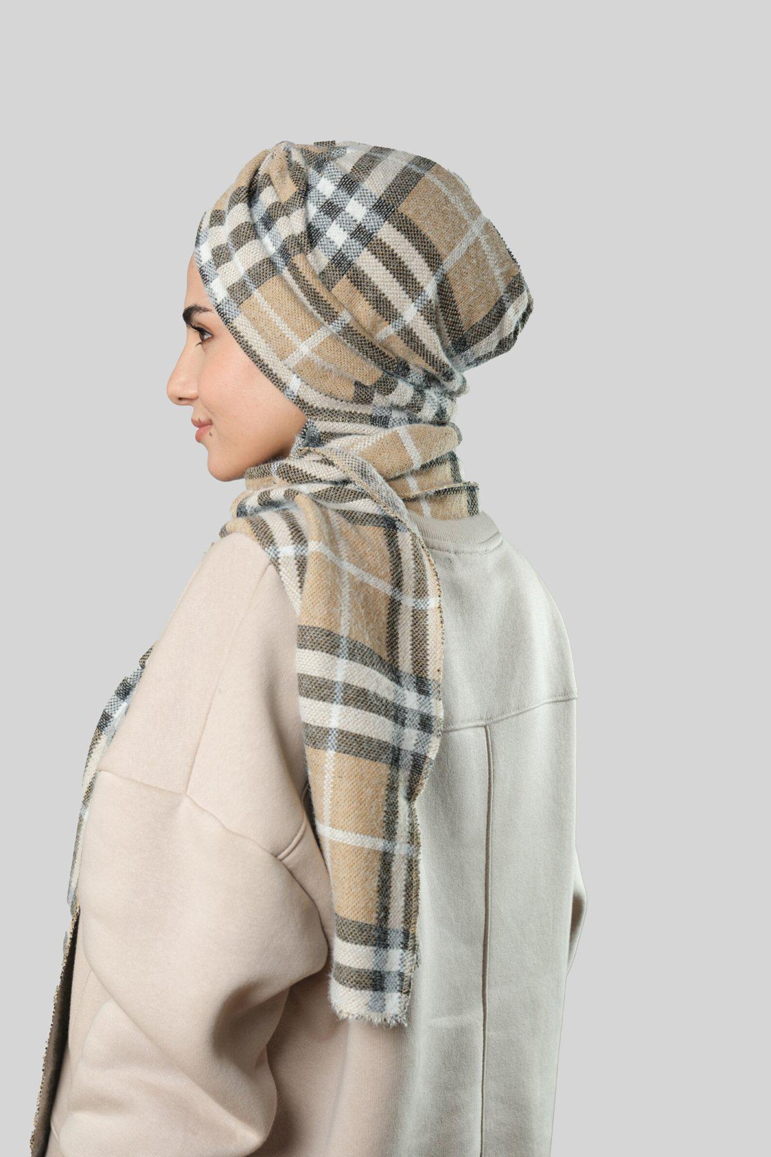 Winter Hijab Scarf With Attached Wrap | Jakar Plaid Headscarf in Grey ...