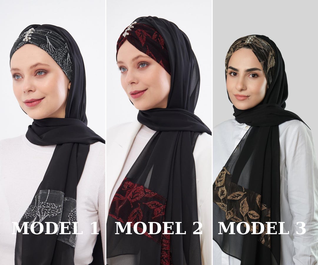 Elegant Floral Chiffon Hijab | Stone-embellished, Tie-back Headscarf ...