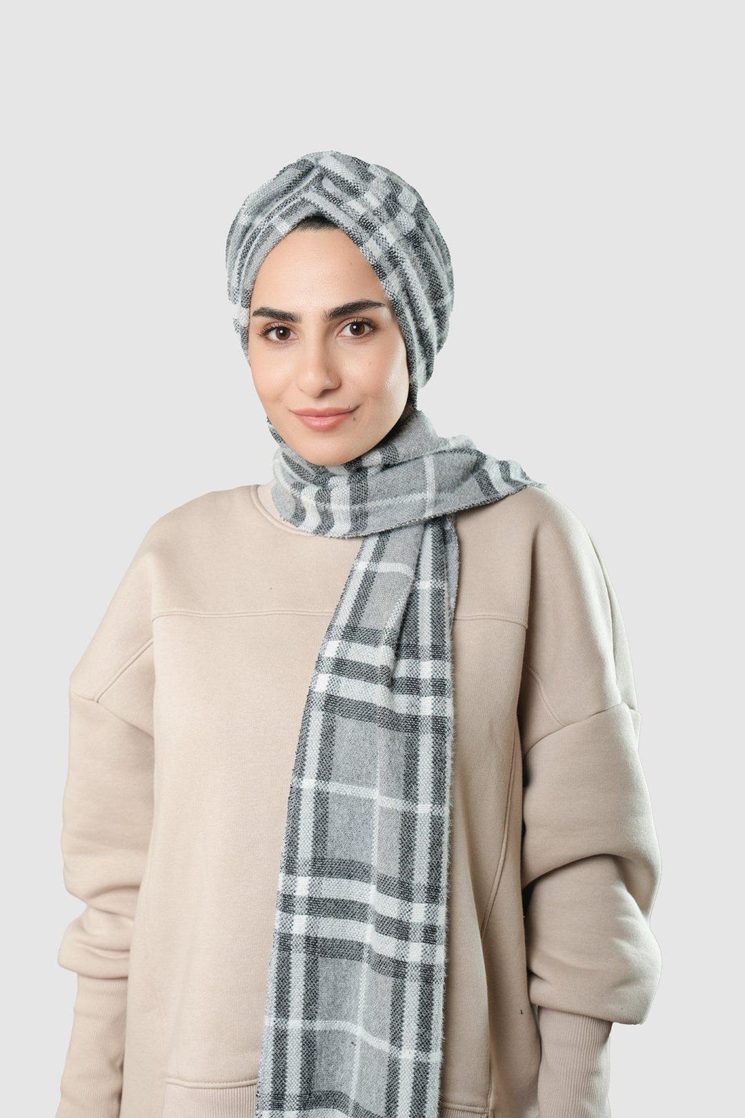 Winter Hijab Scarf With Attached Wrap | Jakar Plaid Headscarf in Grey ...