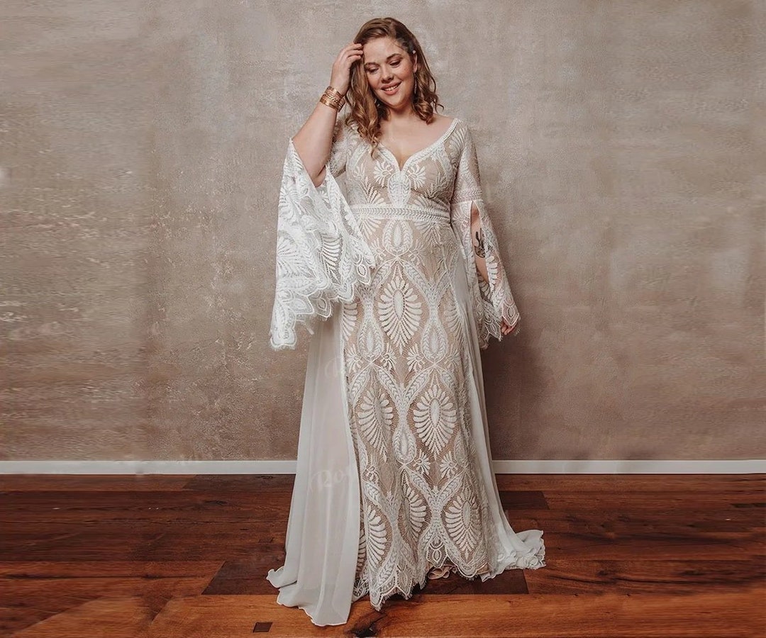 Plus Size Wedding Gown Bohemian Wedding Dress, Boho Lace Long Sleeve ...