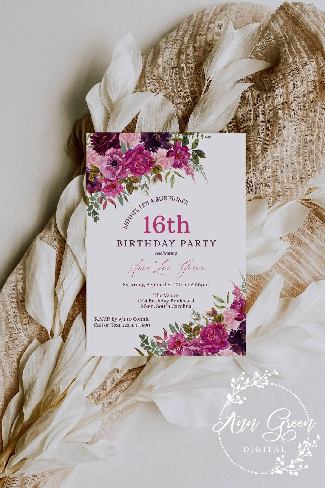 Fuchsia Floral Surprise Birthday Party Invitations: Pink and Purple ...