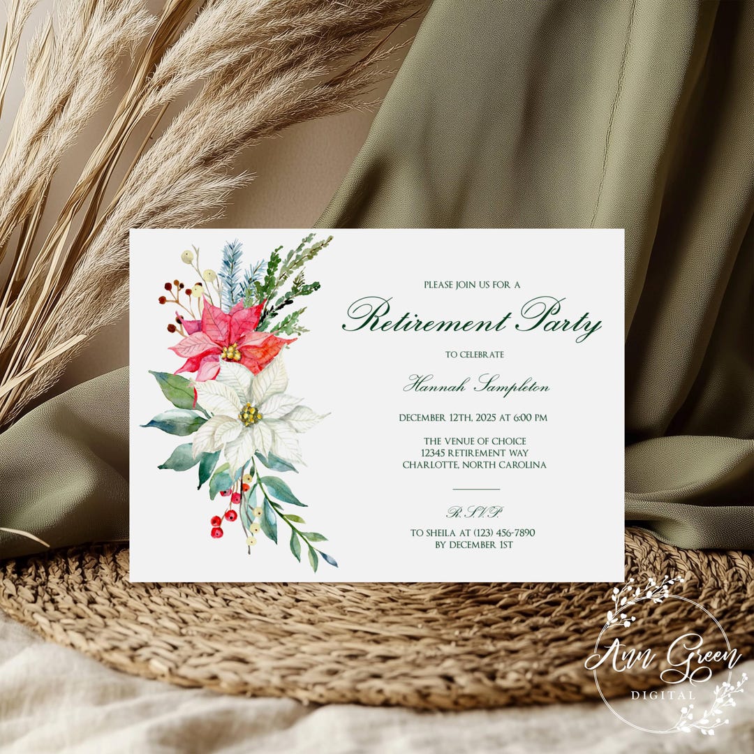 Poinsettia Retirement Party Invitation: Winter Holiday Template ...