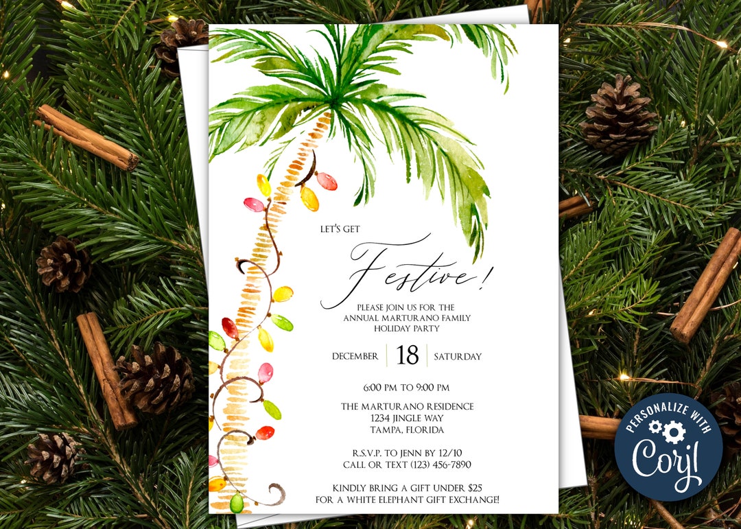 Palm Tree Beach Christmas Holiday Party Invitation Template, Festive ...