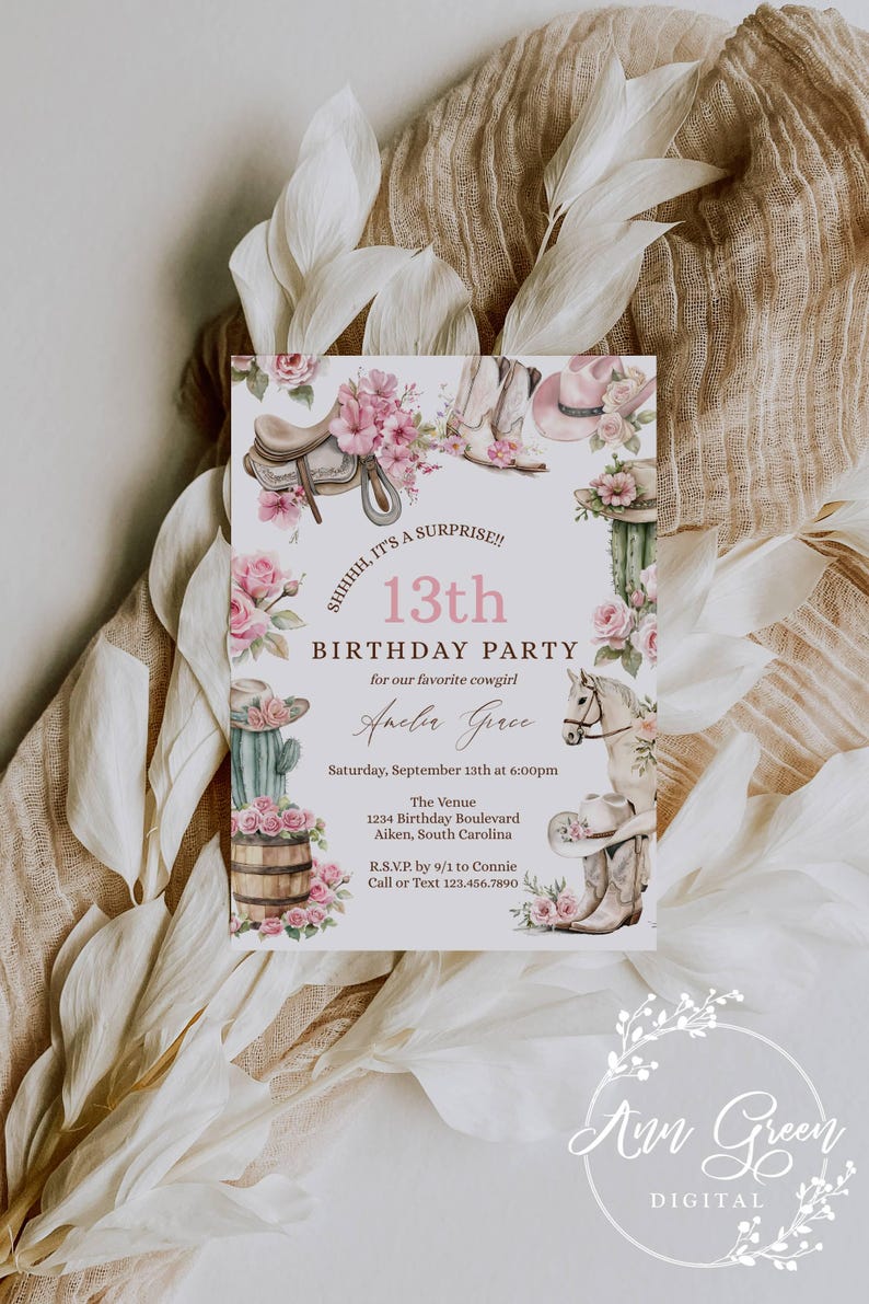 Cowgirl 13th Birthday Party Invitation: Pink & Green Horse Theme ...