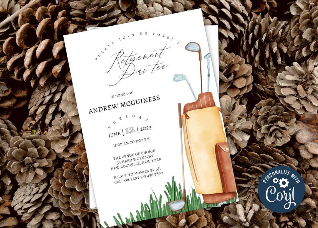 Golf Retirement Party Invitation Template, Golf Clubs and Bag on Grass ...