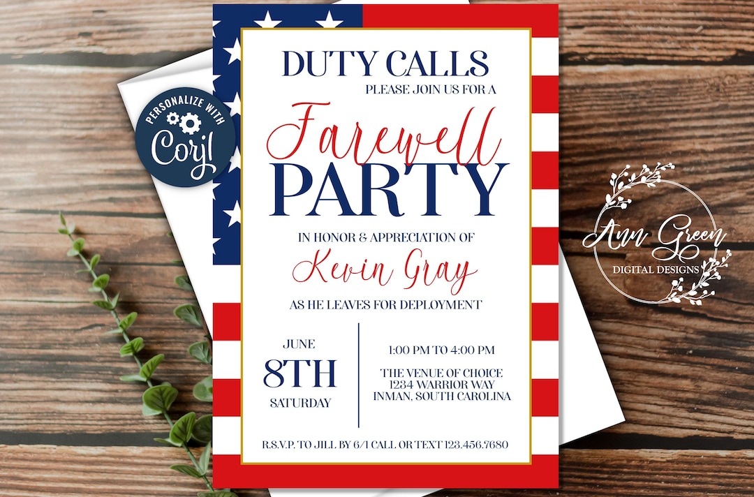Military Going Away Party Invitation Template, Red, White and Blue ...