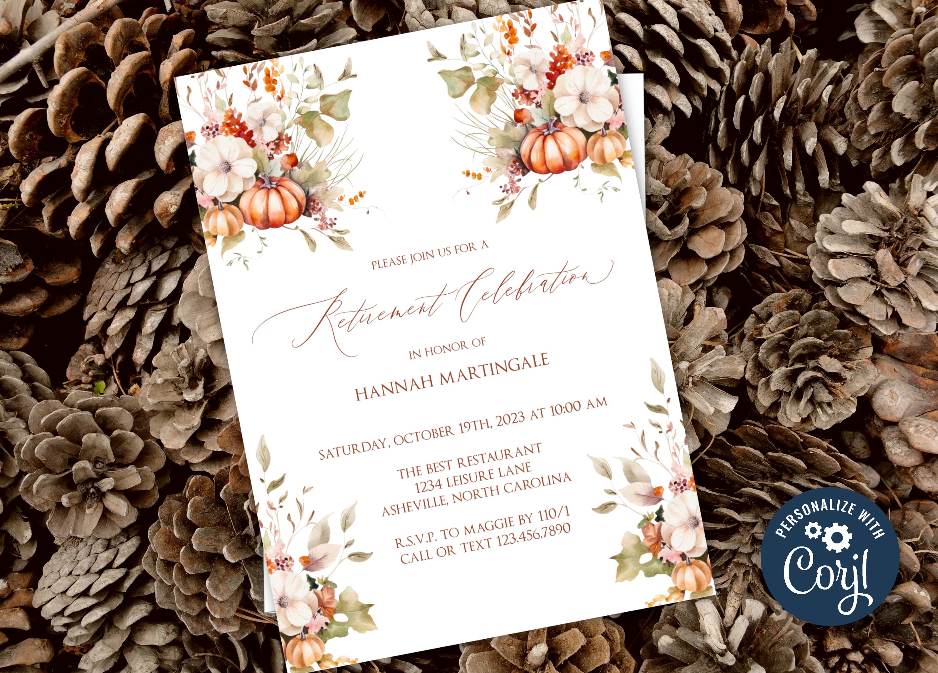 Fall Retirement Party Invitation Template Floral Pumpkin - Etsy
