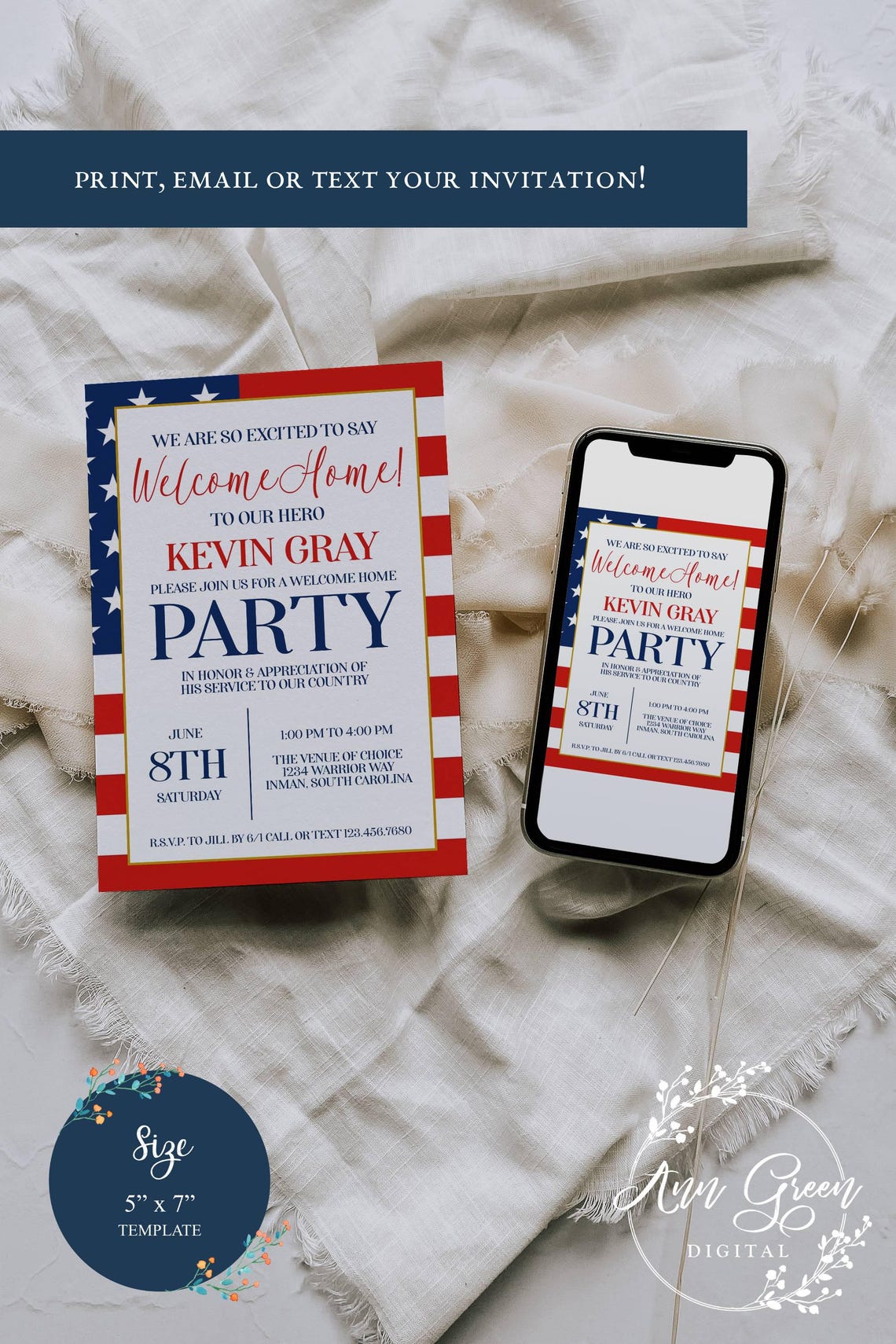 Military Welcome Home Party Invitation: Red, White, and Blue (digital ...