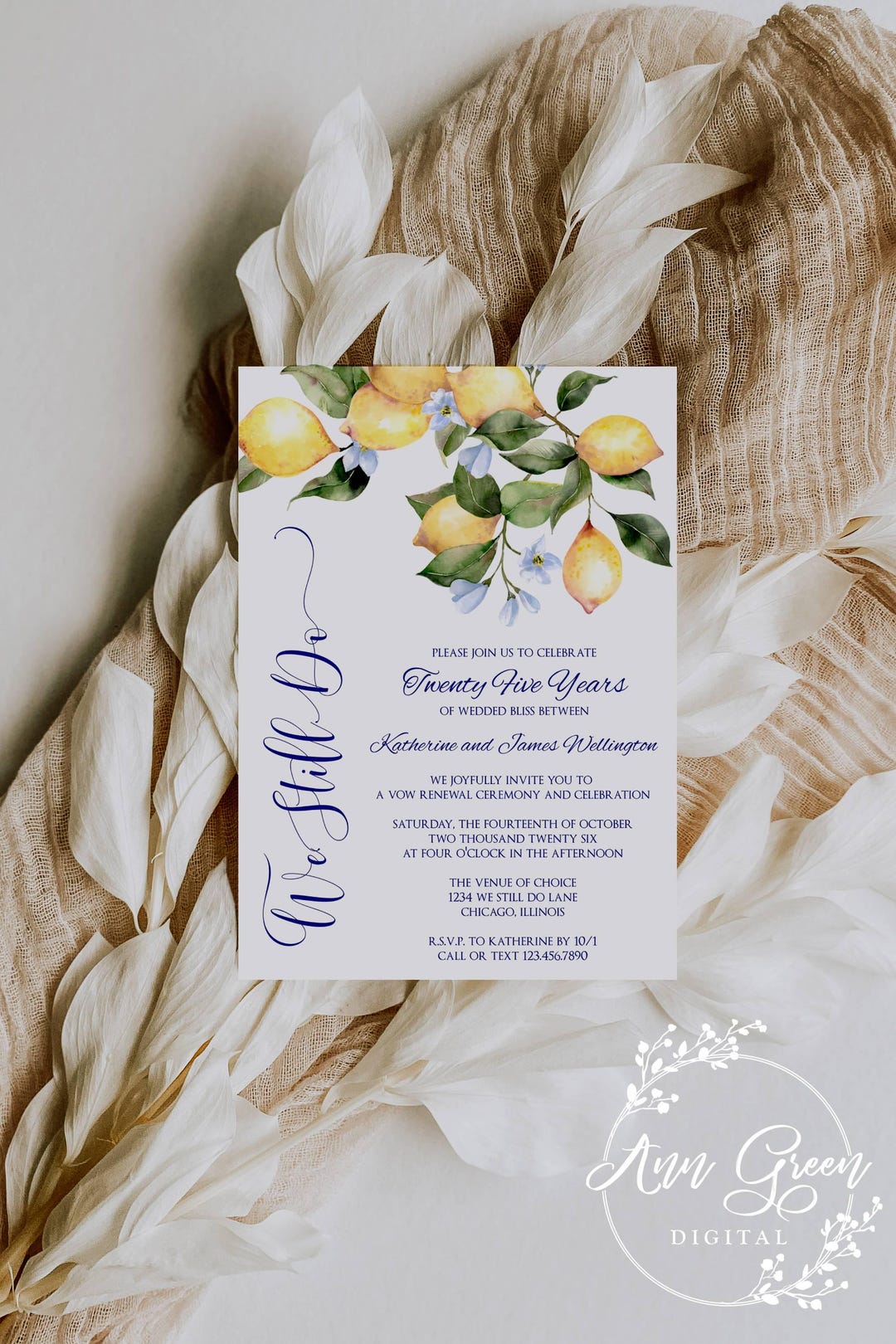 Lemon 25th Anniversary Invitations: Tuscany Vow Renewal, Printable ...