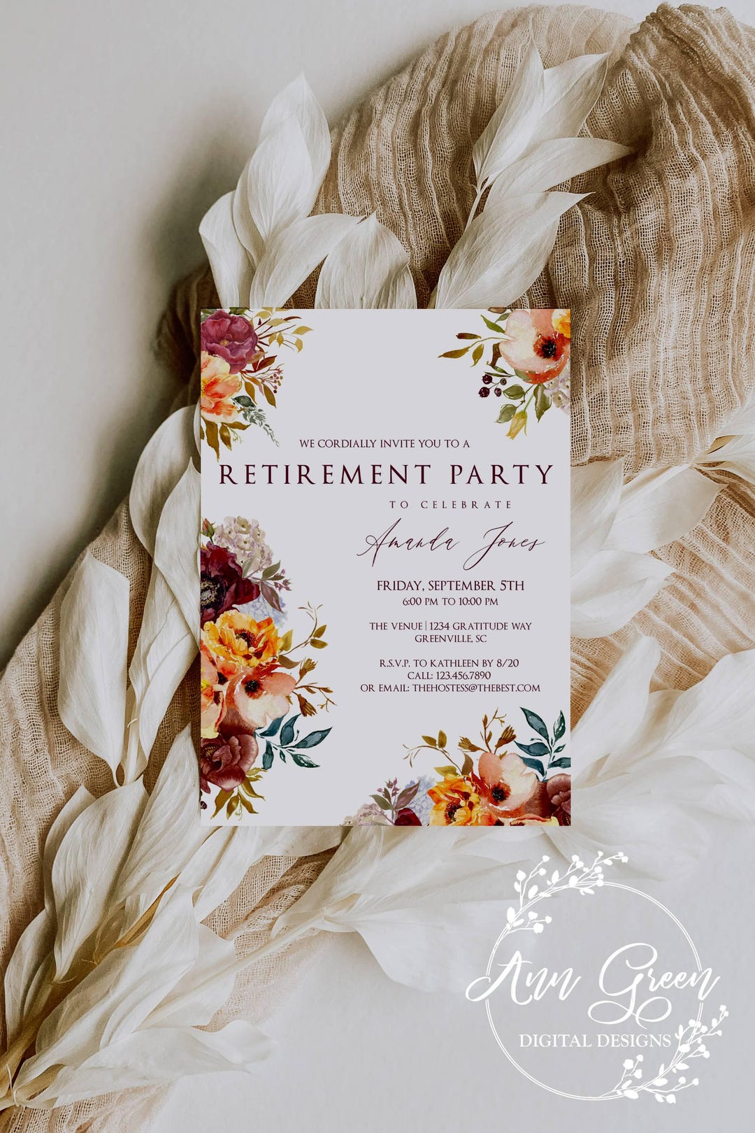 Fall Floral Retirement Party Invitation: Burgundy, Orange, Teal ...