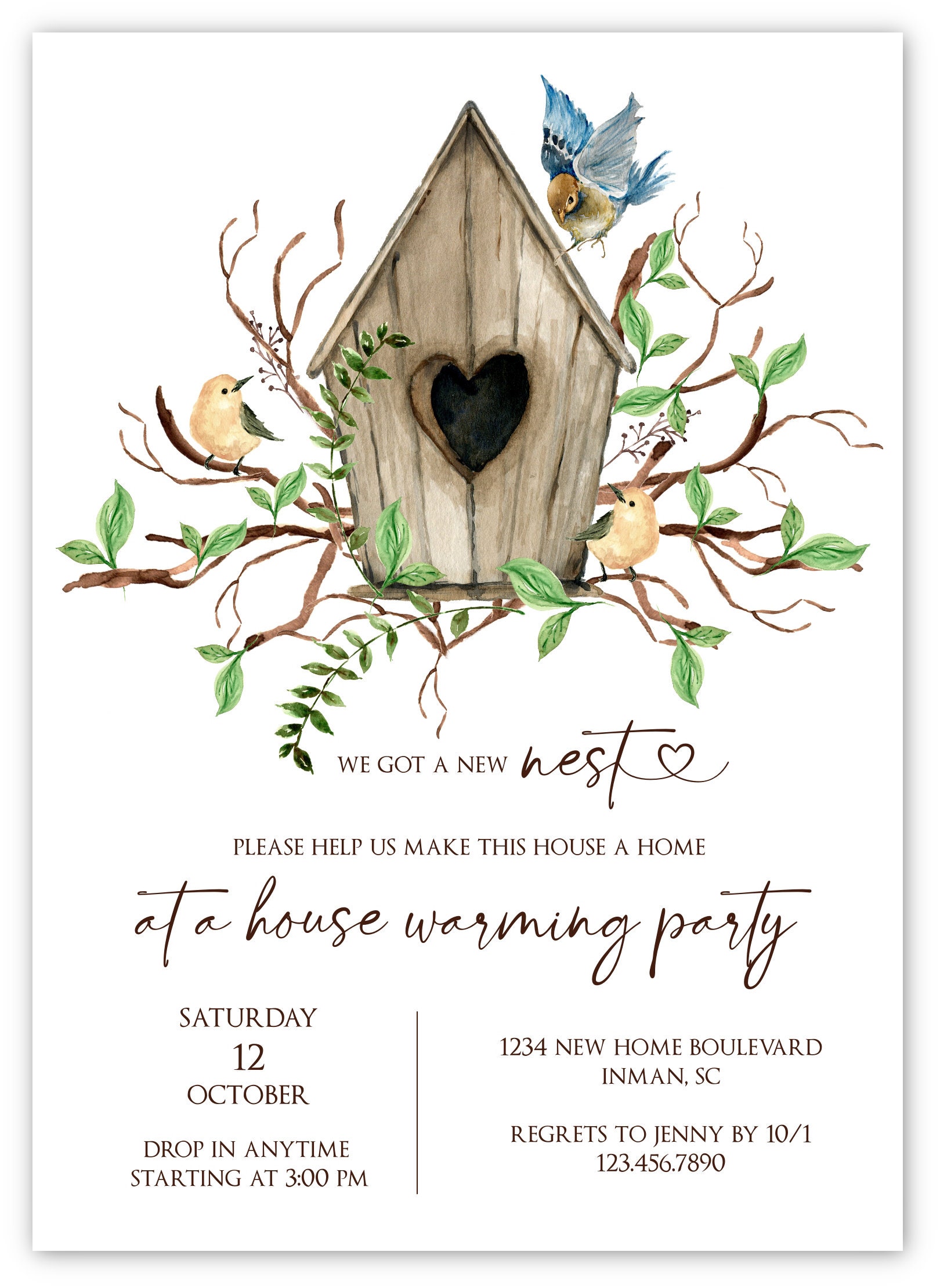 House Warming Party Invitation Template, New Nest, Birdhouse and Birds ...