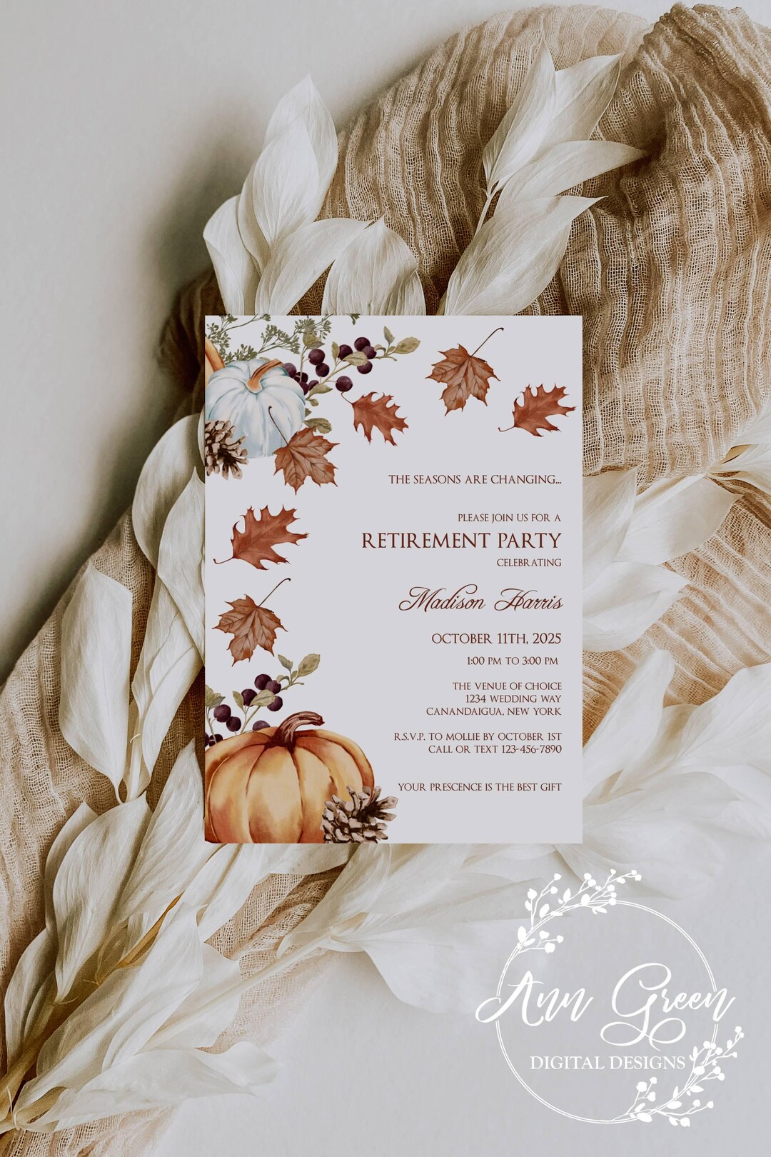 Fall Retirement Party Invitation: Pumpkins & Foliage (digital Download ...