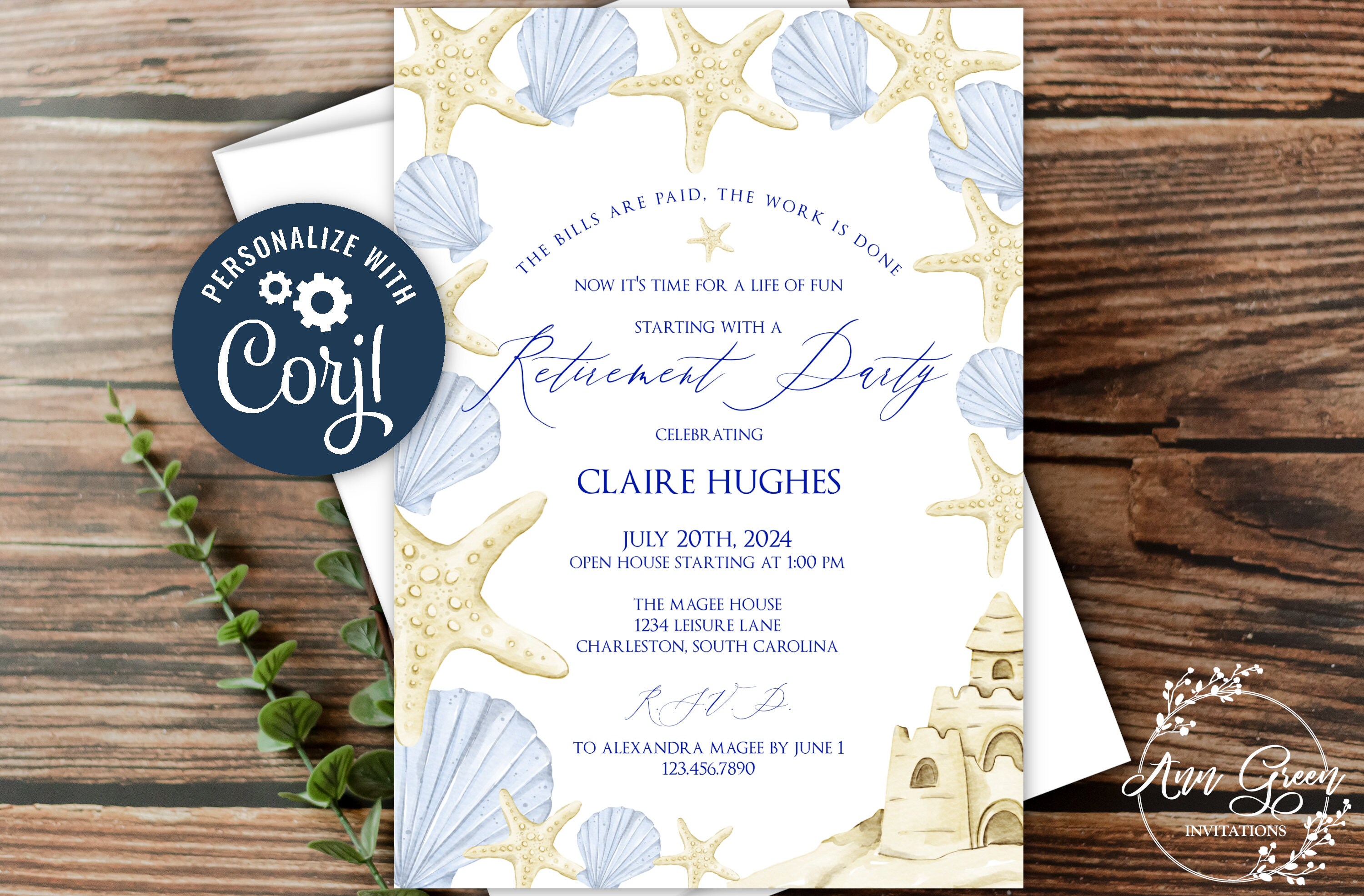 Beach Theme Retirement Party Invitation Template, Seashells, Starfish ...