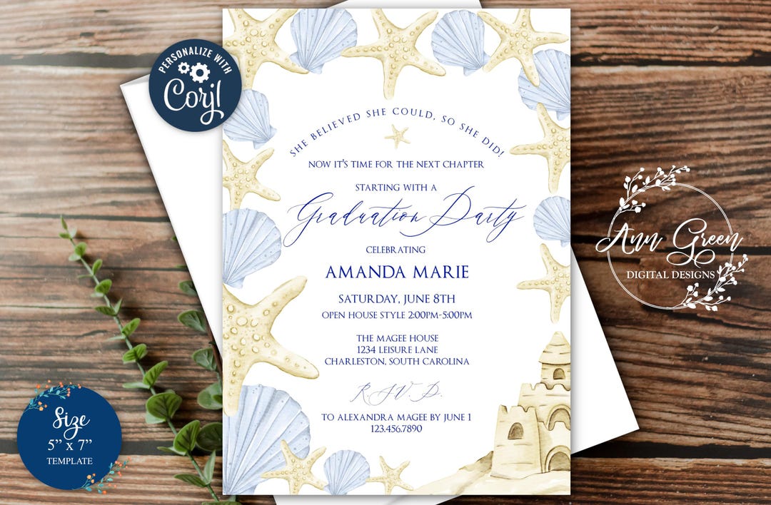Beach Theme Graduation Party Invitation Template, Next Chapter at the ...